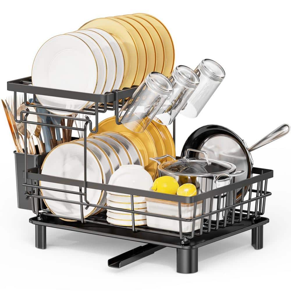 Numhew 2-Tier 15 in. x 11 in. Black Dish Drying Rack, Stainless Steel ...