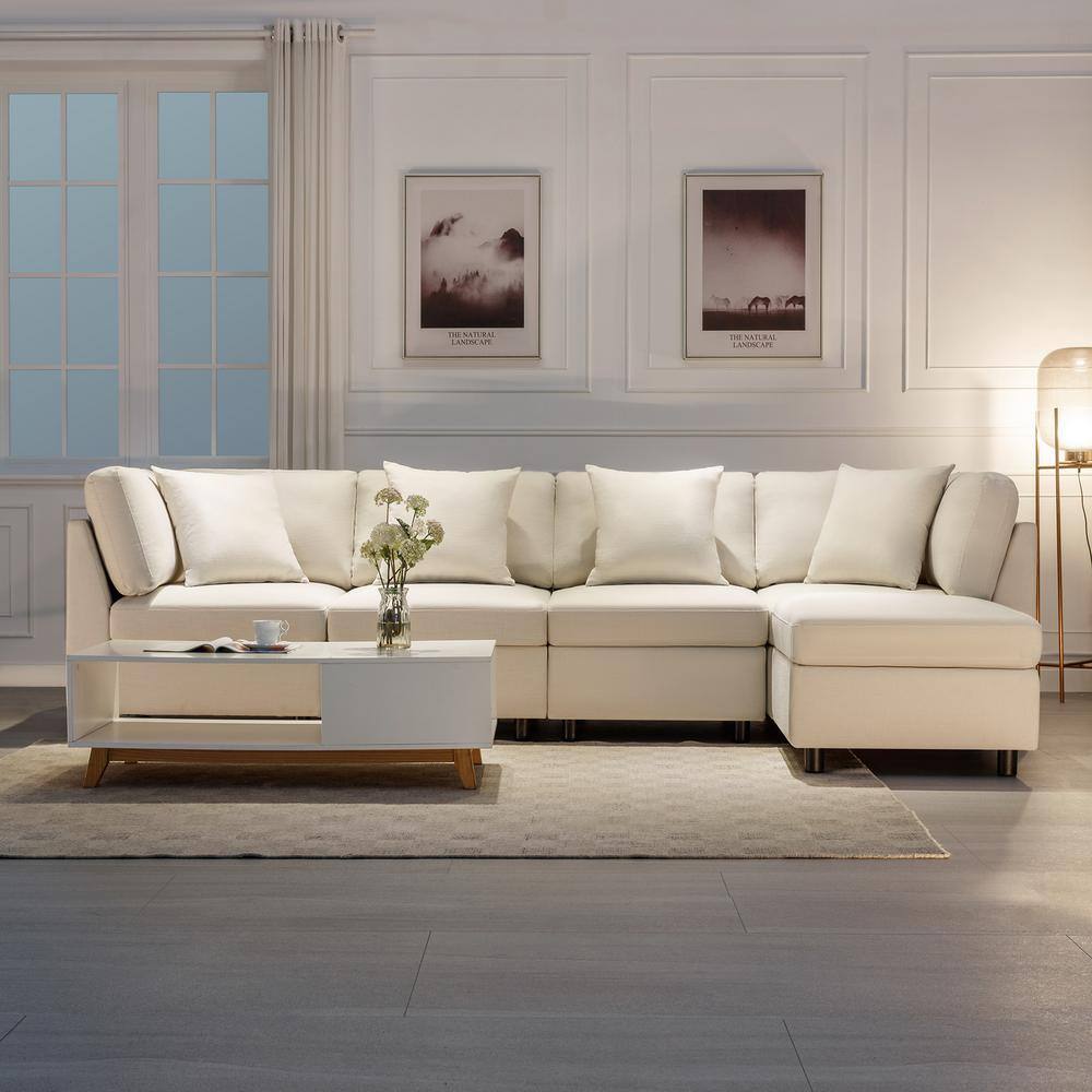 Morden Fort Convertible Linen Sectional Modular Sofa 5 Piece Beige Living Room Set U Shaped Couch with Chaise 7502 4 BEIGE The Home Depot