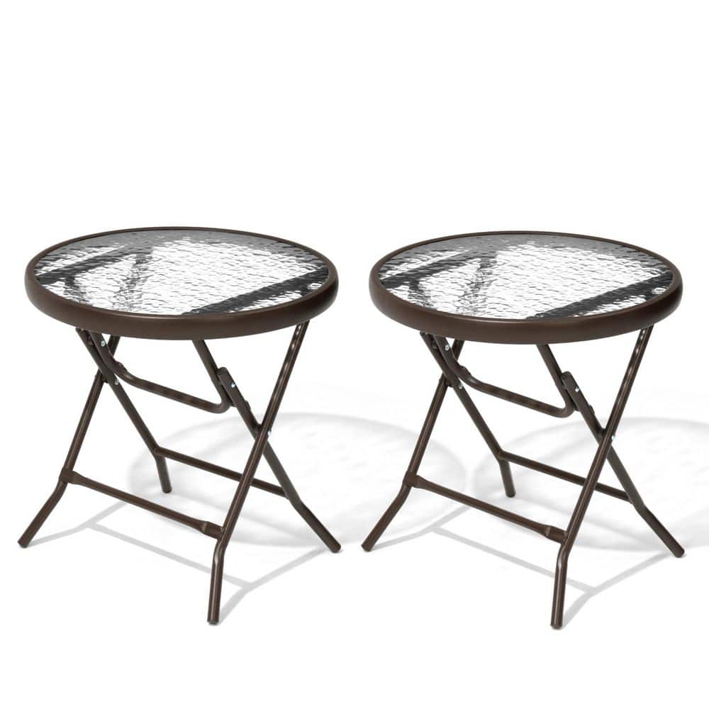 Pellebant Patio Round 17.7 in. Glass Top Foldable Metal Outdoor Side ...