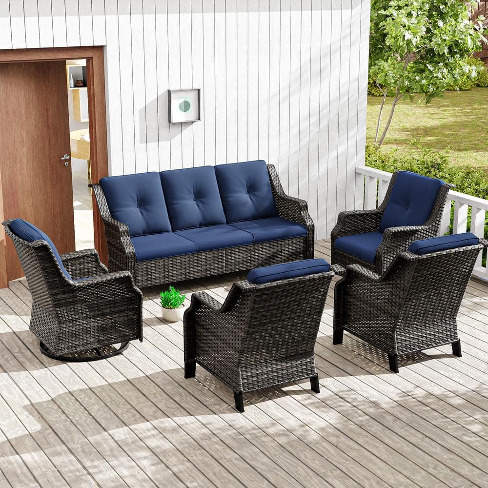 JOYSIDE 5-Piece Wicker Outdoor Sectional Set Sofa and Lounge Chairs ...