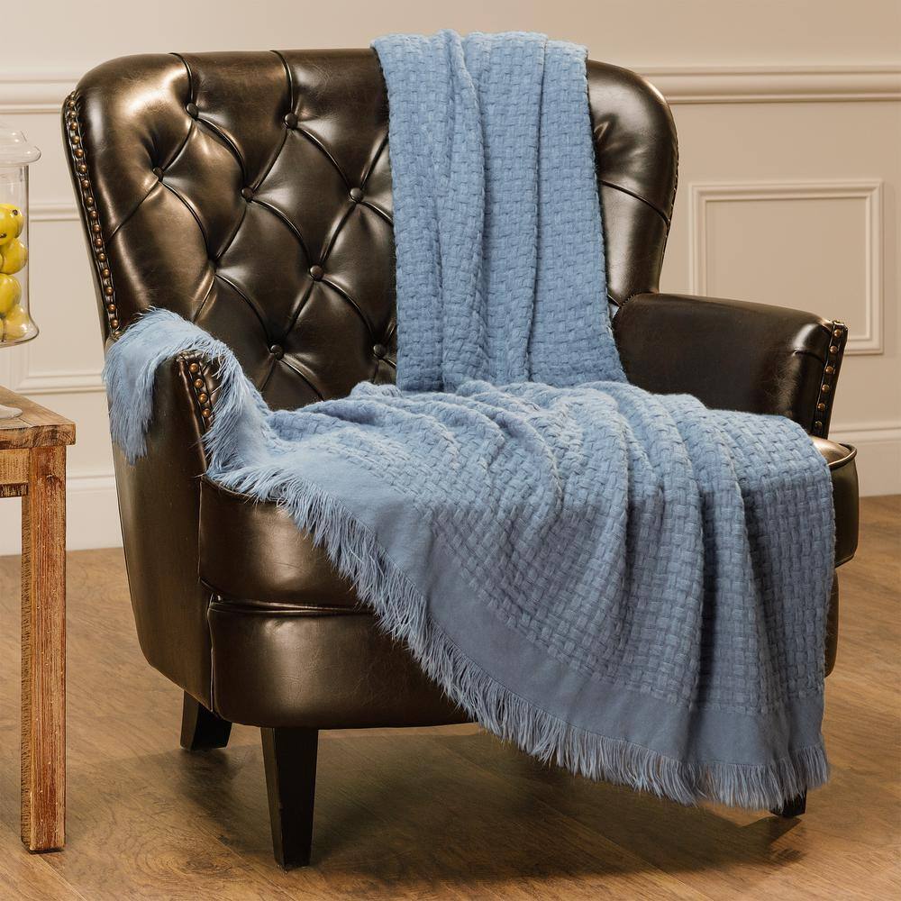 CHANASYA Waffle Textured Dusty Blue Acrylic Throw Blanket with Tassels ...