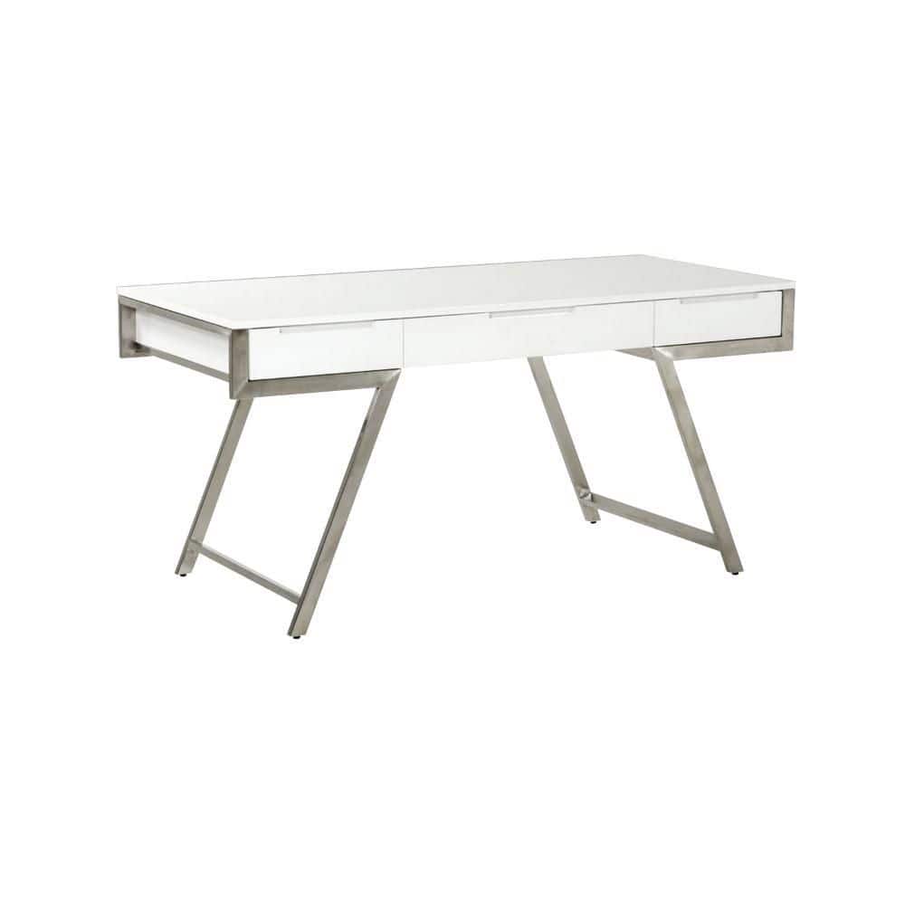 Benjara 63 in. Rectangular White Gloss Wood 1-Drawer Writing Desk with ...