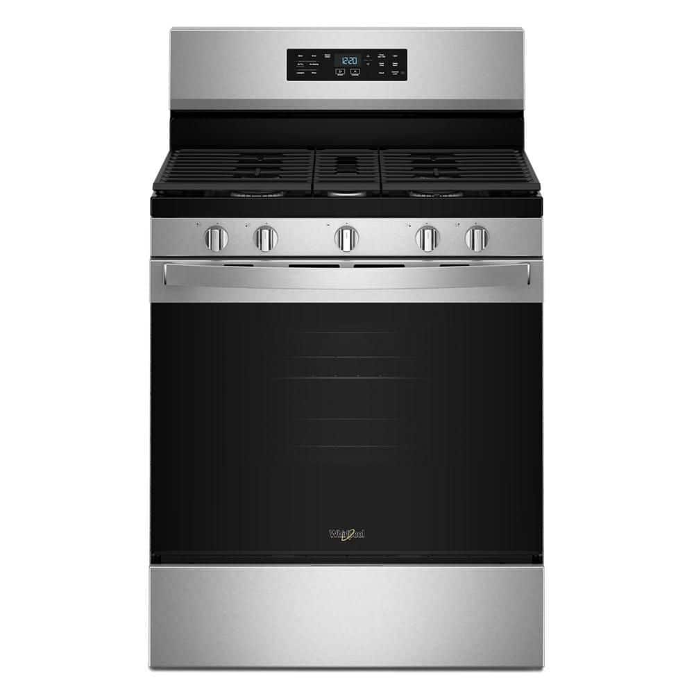Whirlpool 30 in. 5 Burners Freestanding Gas Range in Stainless Steel with Air Cooking Technology ...