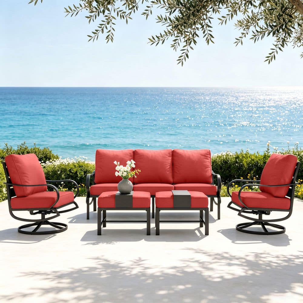 PHI VILLA Black 5-Piece Metal Slatted 7-Seat Outdoor Patio Conversation ...