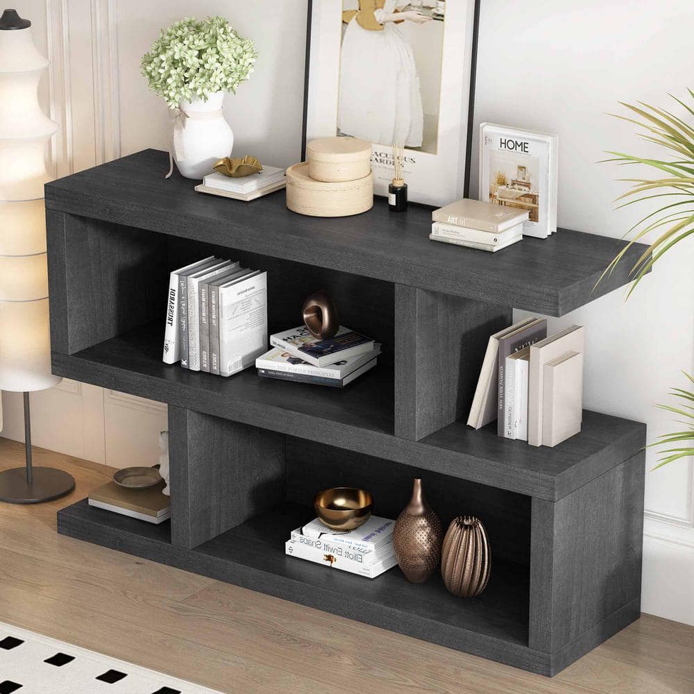 Polibi 47.2 in. Black Rectangle Wood Console Table with Symmetrical 2 ...