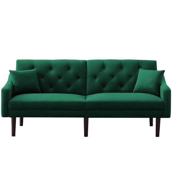Z-joyee 72.8 in. Green Velvet Futon Sofa Sleeper with 2-Pillows P ...