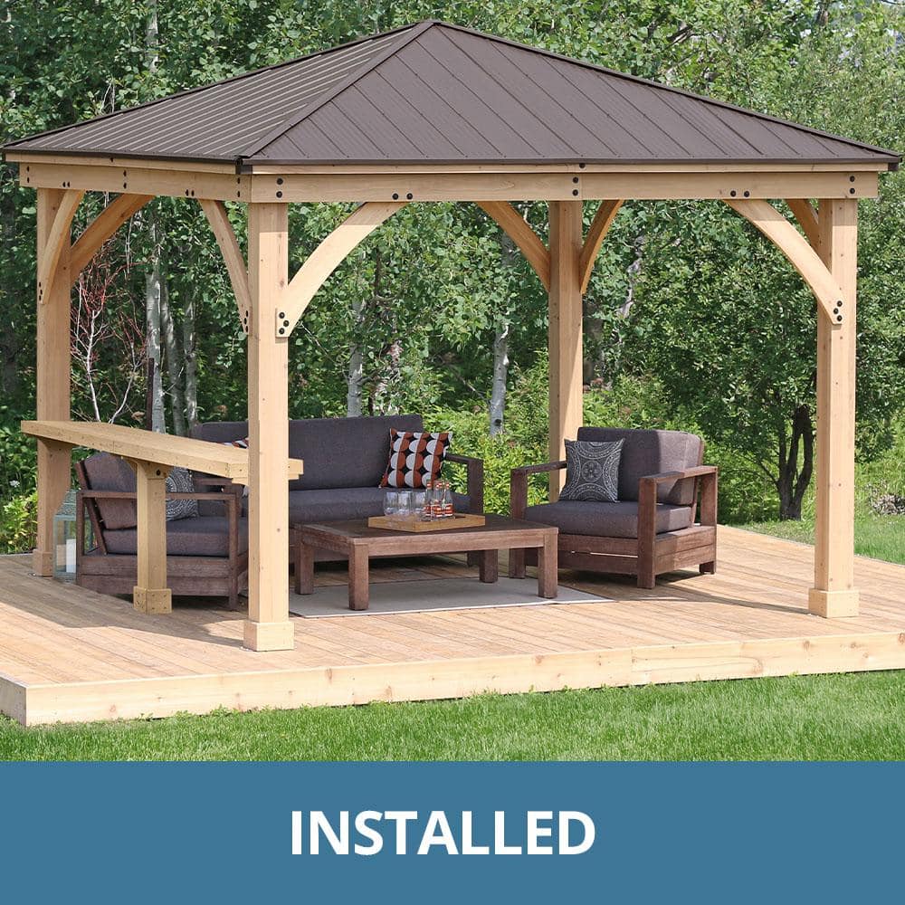 Yardistry Professionally Assembled Meridian 12 ft. x 12 ft. Cedar Shade Gazebo with 12 ft. Bar ...
