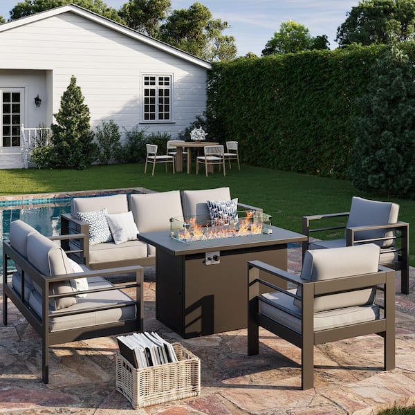 Poteban 5-Piece Aluminum Patio Fire Pit Conversation Set with Dark Gray ...