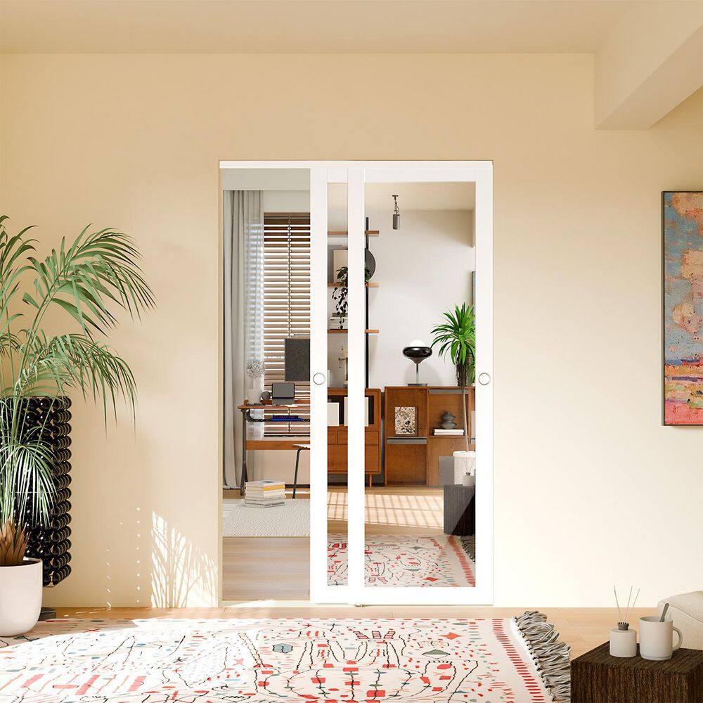 TENONER 48 in. x 80 in. White MDF, 1-Lite Mirror Sliding Door with ...
