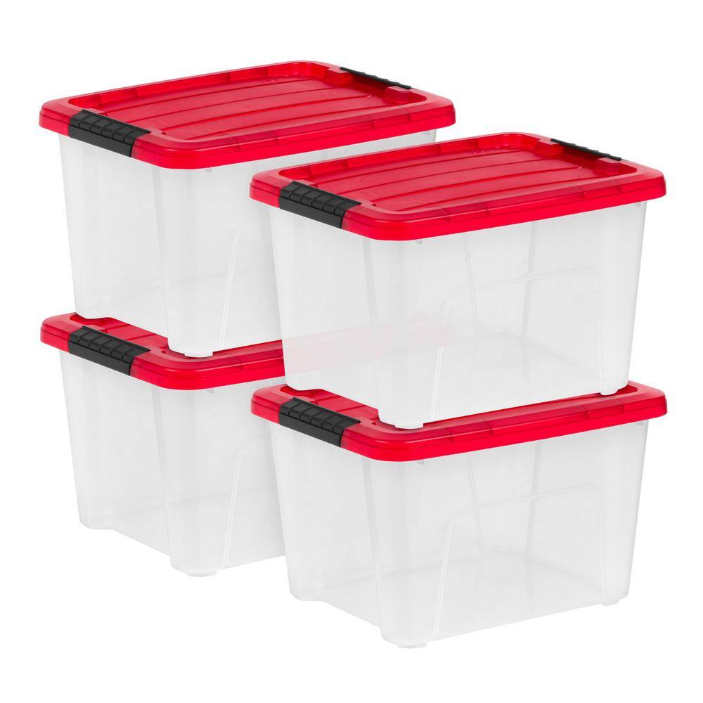 IRIS 20.5 Qt./5.1 Gal. Stackable Storage Bin with Latches, Clear/Red (4 ...
