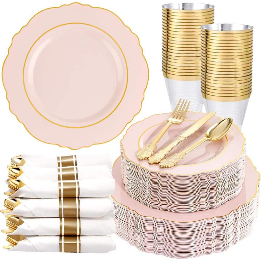 Adrinfly Pink and Gold Disposable Plastic Plates Set for 50-Guests (350 ...