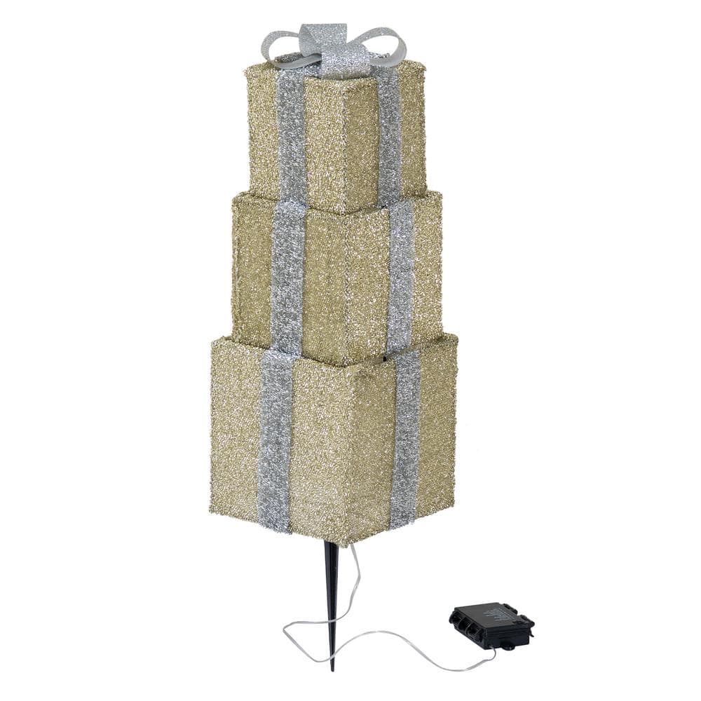 Sunjoy 34 in. Christmas Illuminated Stacking Gift Box, 3D Tinsel Santa ...