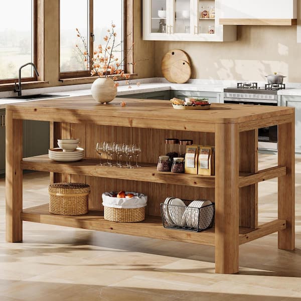 BYBLIGHT Natrual Brown Solid Wood 63 in. Stationary Kitchen Island ...