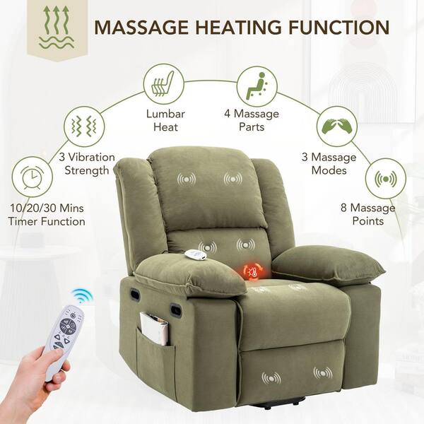 Green Corduroy Fabric Power Lift Massage Recliner Chair with Heating Function Vibration Function and Side Pockets