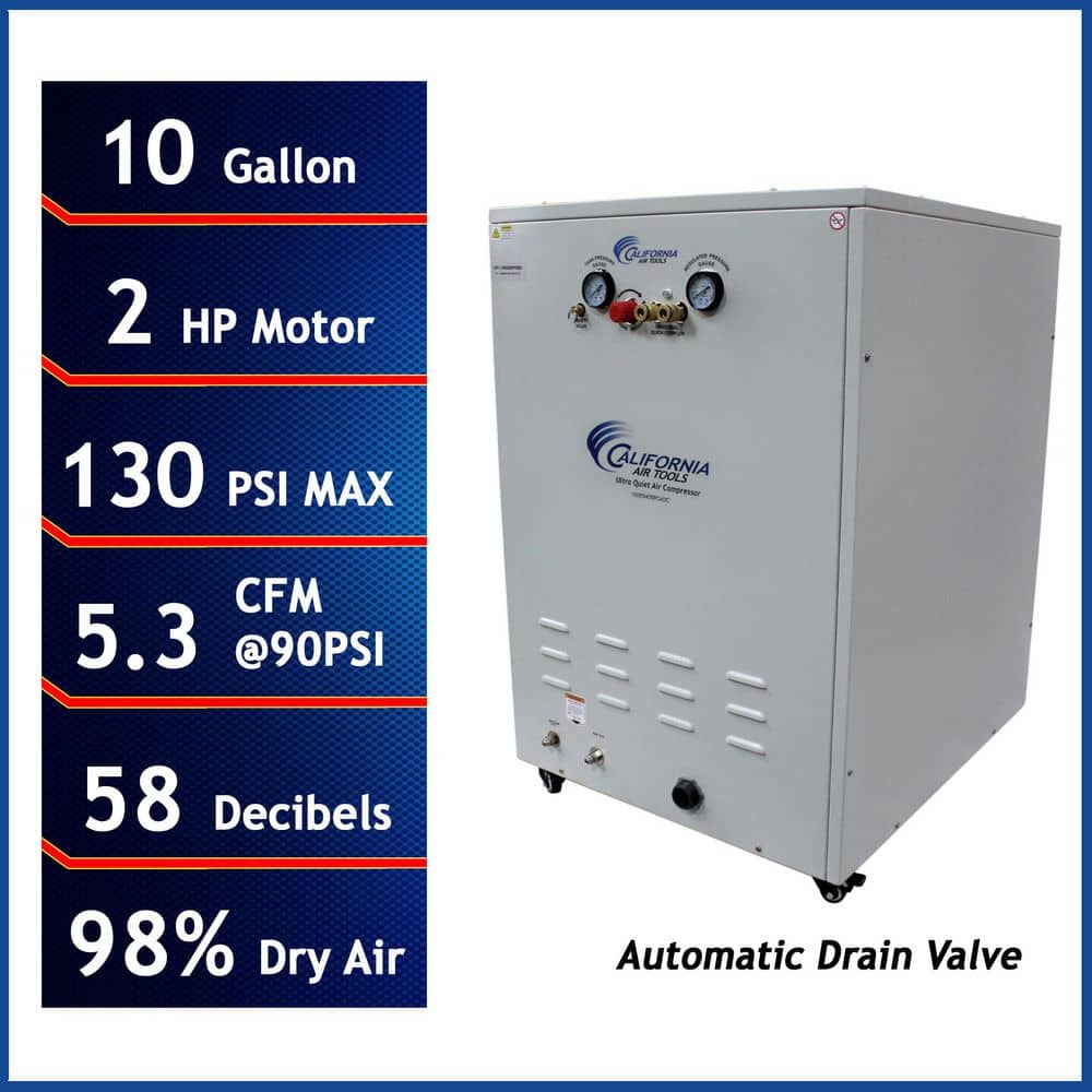 California Air Tools 10 Gal. 2.0 Hp Ultra Quiet & Oil-Free Electric Air ...