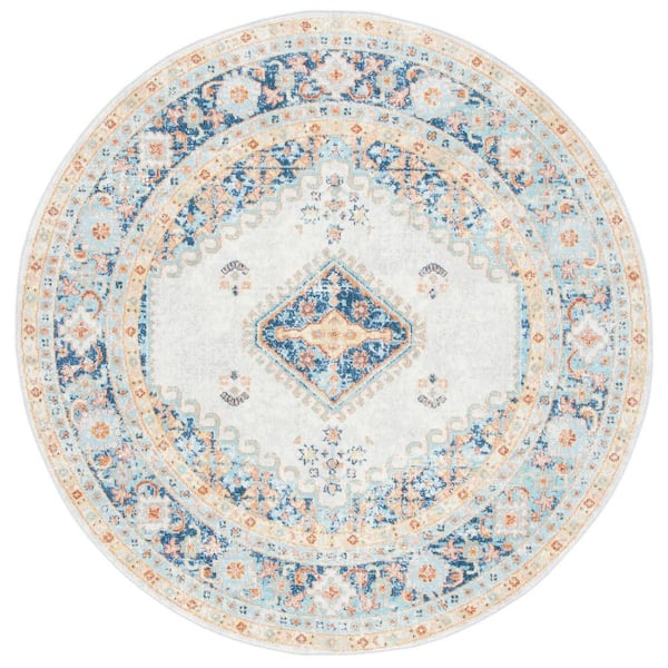 SAFAVIEH Aria 7 ft. x 7 ft. Ivory/Navy Medallion Distressed Round Area ...