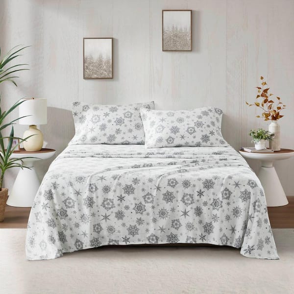 TRUE NORTH Micro Fleece 4-Piece Grey Snowflake Polyester Full Sheet Set ...