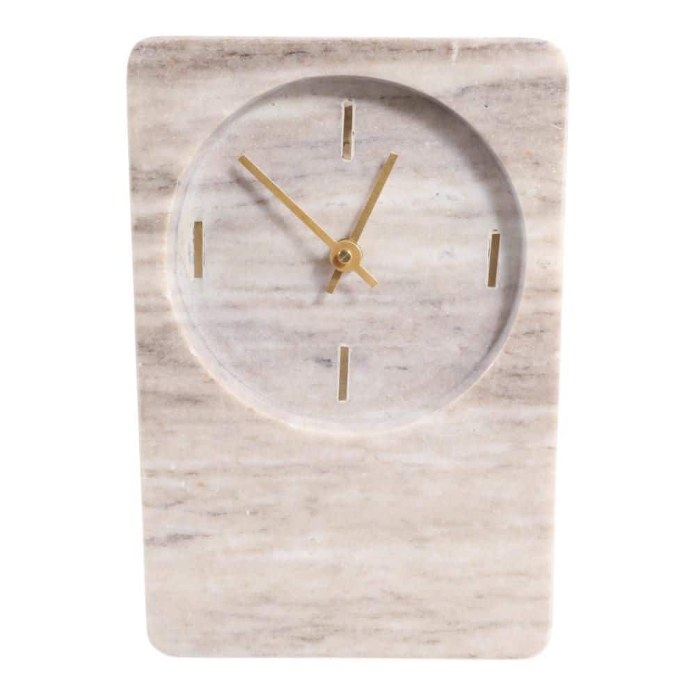 Liv & Skye Tan/Beige Marble 9 in. H Table Clock With Brass Details ...