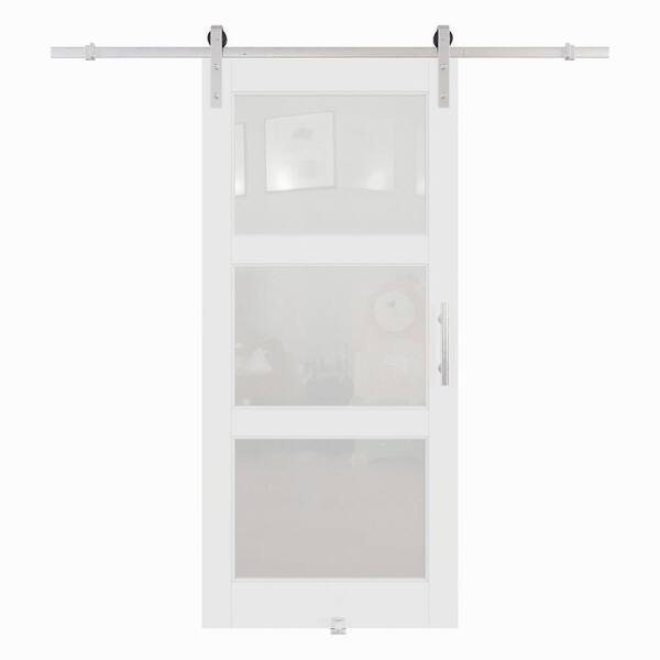 ARK DESIGN 36 in. x 80 in. 3-Lite Frosted Glass White Primed MDF ...