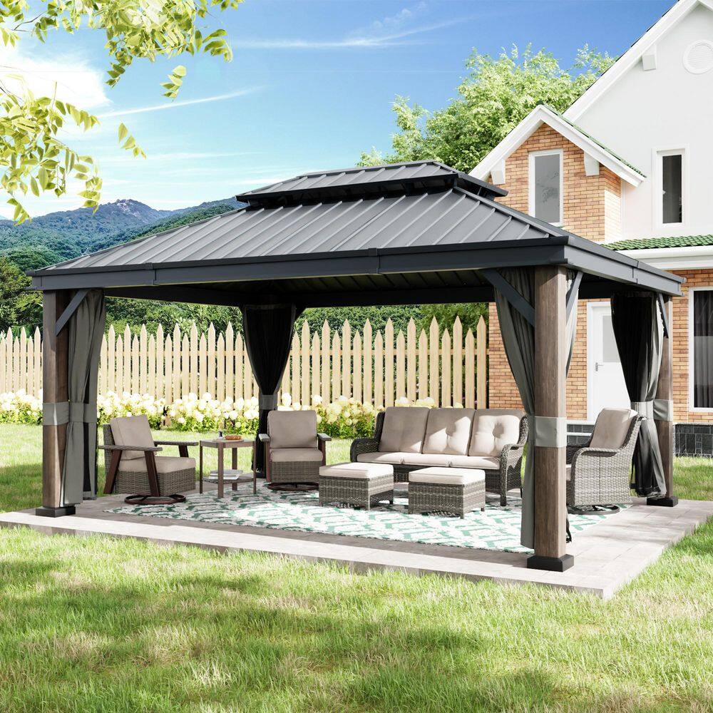 MeetLeisure 16 ft. x 12 ft. Wood Grain Hardtop Gazebo with Double ...