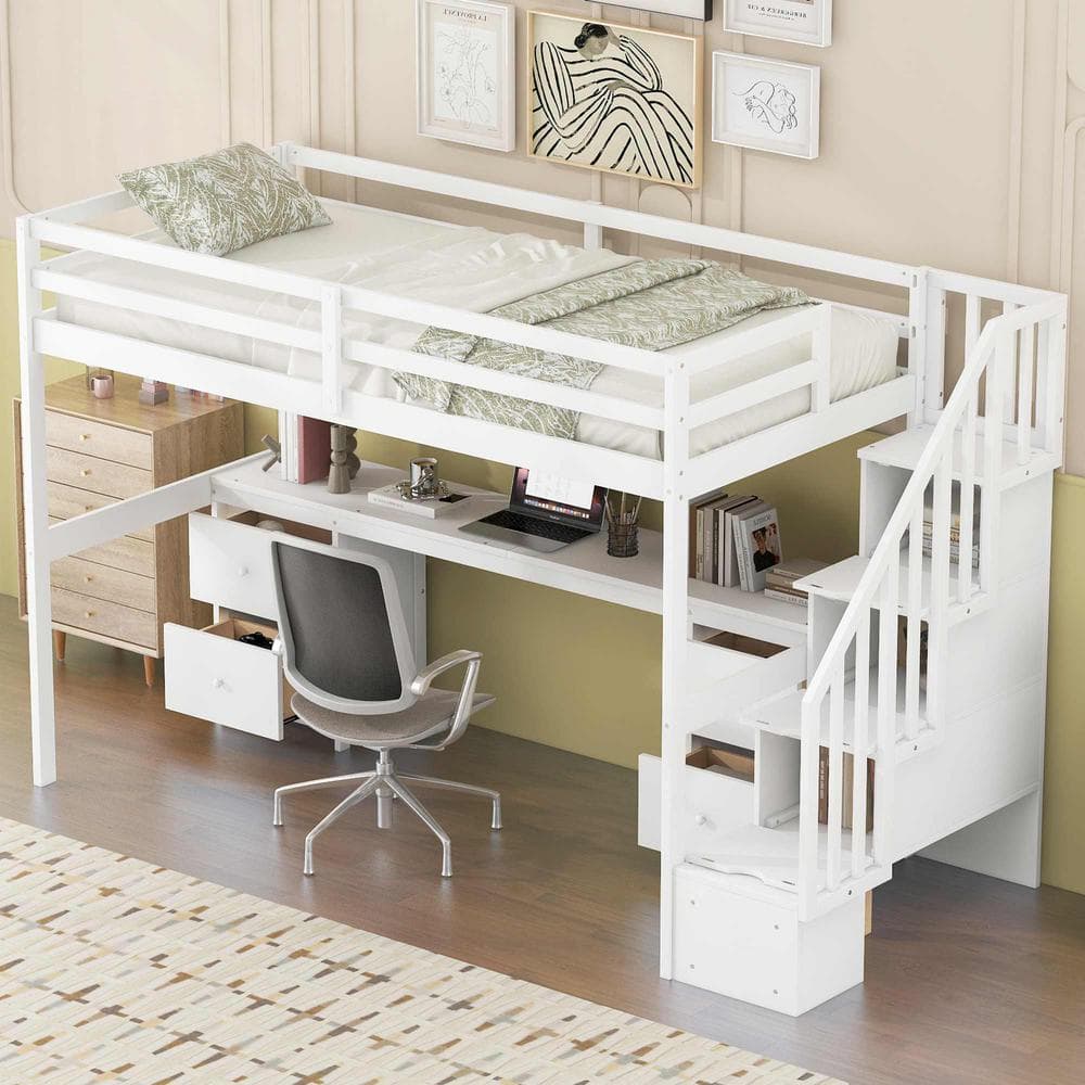 Polibi Twin Size Loft Bed Frame with Built-in Desk and Double Storage Drawers, White RS ...