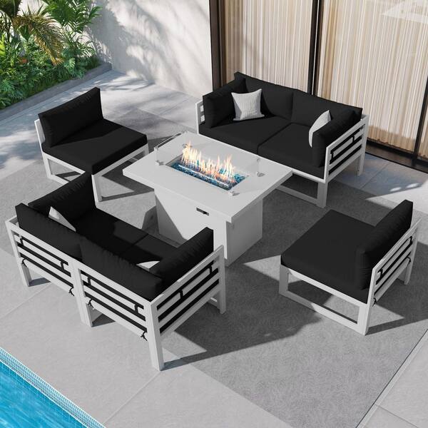 Outdoor 7-Piece White Aluminum Patio Conversation Set Fire Pit Patio ...
