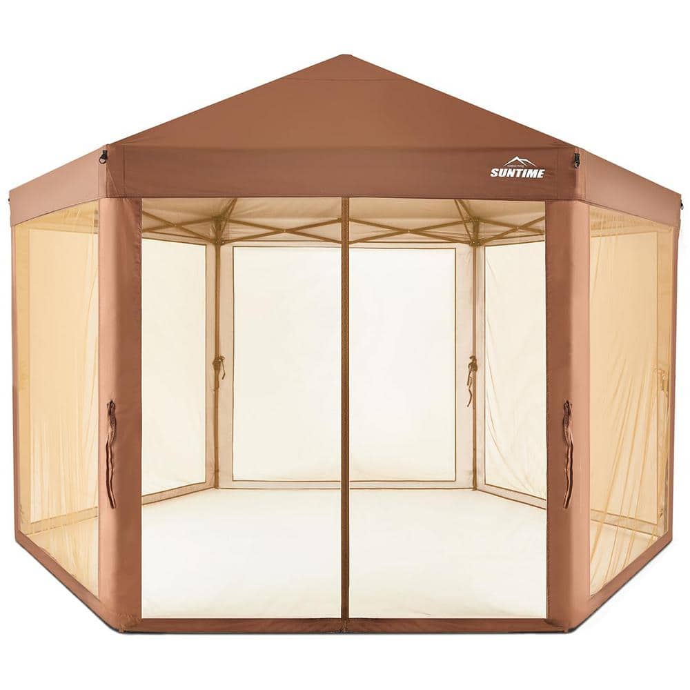 JUJABU 13 ft. x 13 ft. Brown Outdoor Patio Hexagon Gazebo Pop Up ...