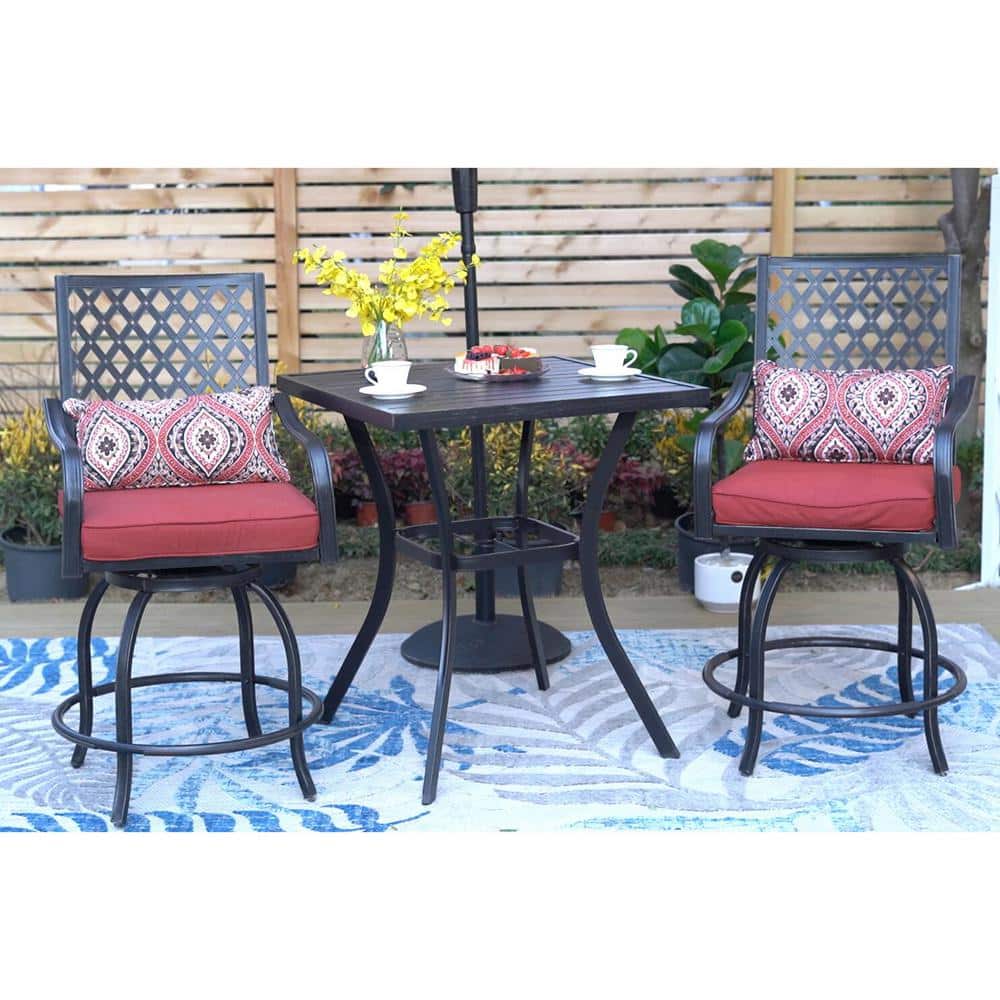 PHI VILLA 3-Piece Metal Square Outdoor Bistro Patio Bar Set with Slat ...