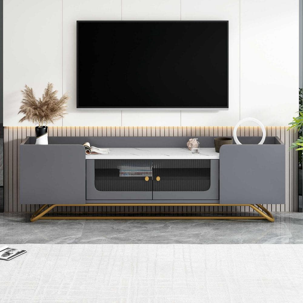 Polibi Modern Grey TV Stand Fits TV's up to 70 in. with Fluted Glass ...