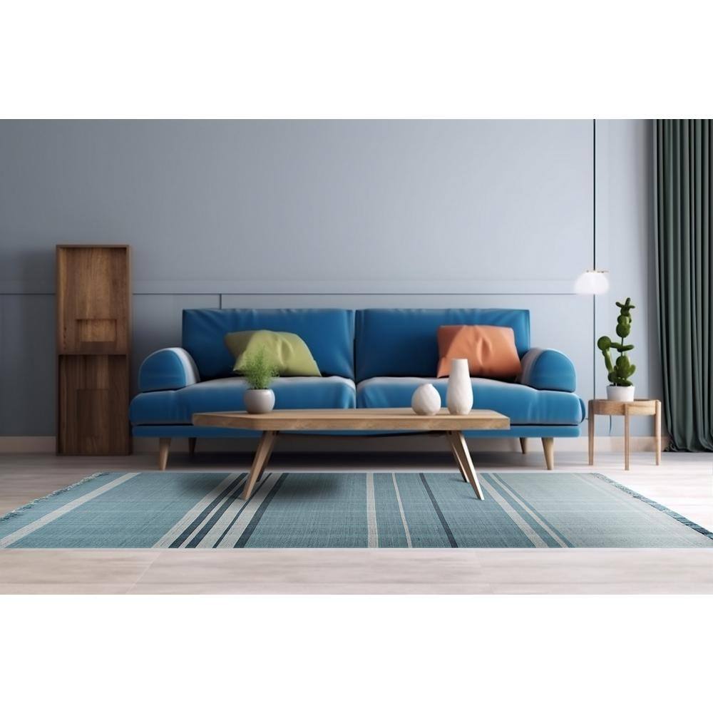 EORC Blue 7 ft.9 x 9 ft.9 Hand-Knotted Wool Contemporary Flat Weave ...