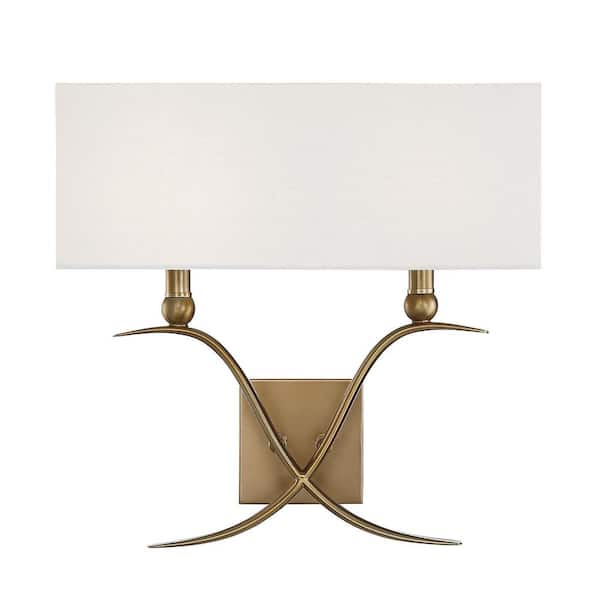 Savoy House Payton 16 in. 2-Light Warm Brass Wall Sconce with Crisp ...