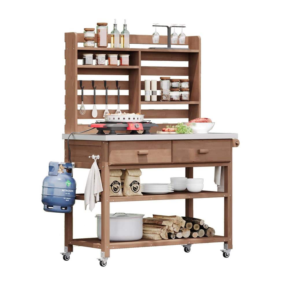 Otryad 52 in. W x 65 in. H Brown Potting Bench Table, Outdoor Kitchen ...