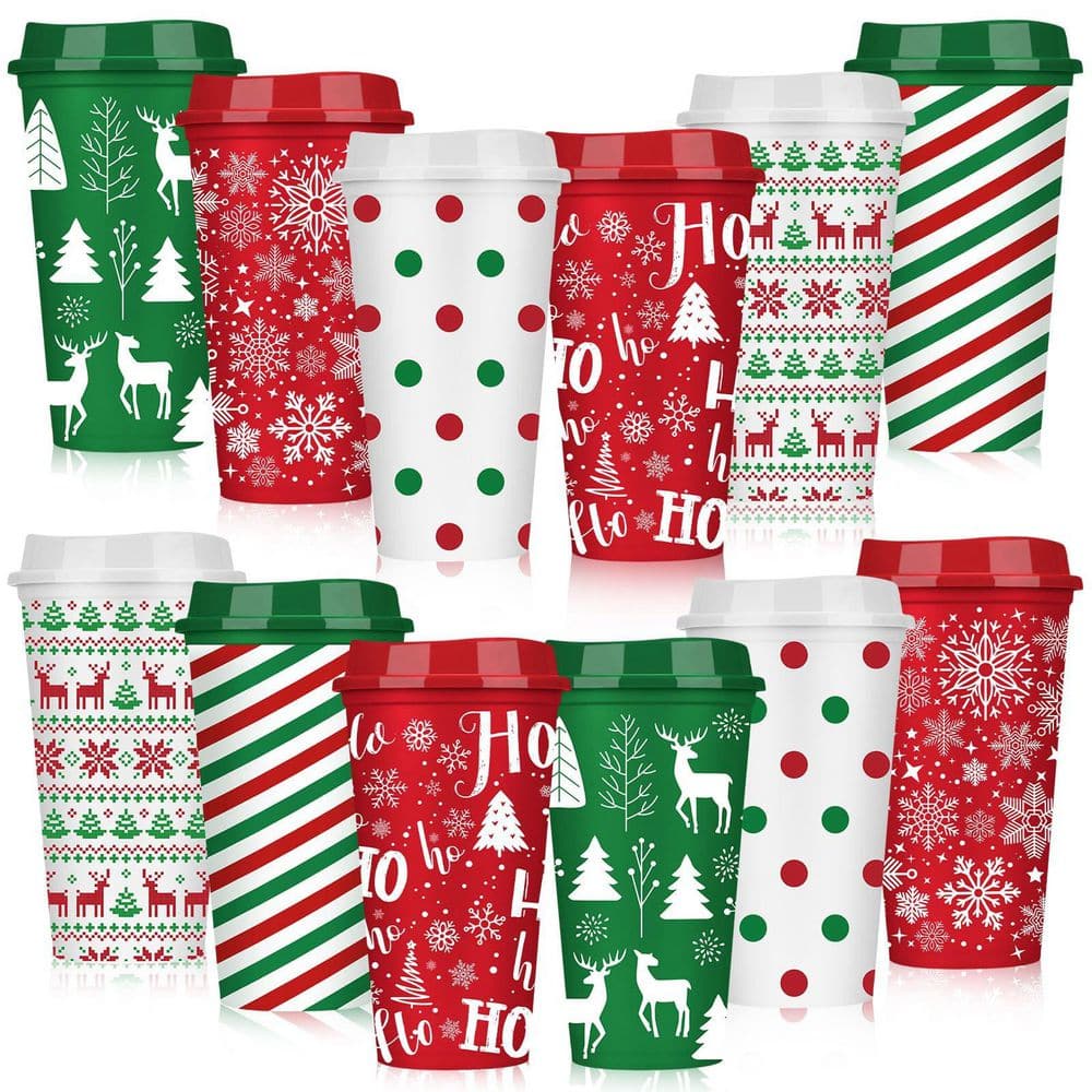 Wudkey 16 oz. Multi-Color Reusable Plastic Christmas Coffee Cups with ...