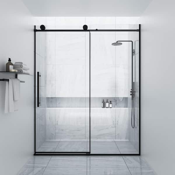 NANAWO HAIMA 48 in. W x 74 in. H Single Sliding Frameless Shower Door in Matt Black with Clear 5 ...