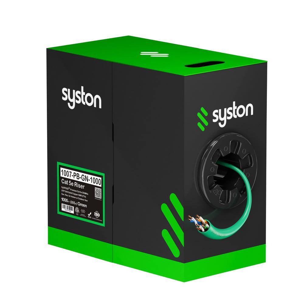 Syston Cable Technology 1000 ft. Green CMR Cat 5e 350 MHz 24 AWG Solid ...