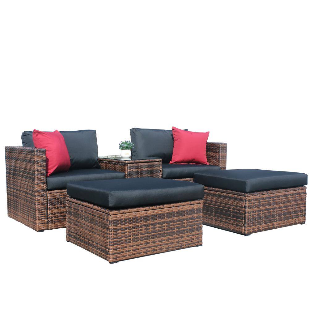 SUNRINX 5-Piece Wicker Patio Conversation Set with Black Cushions MG36 ...