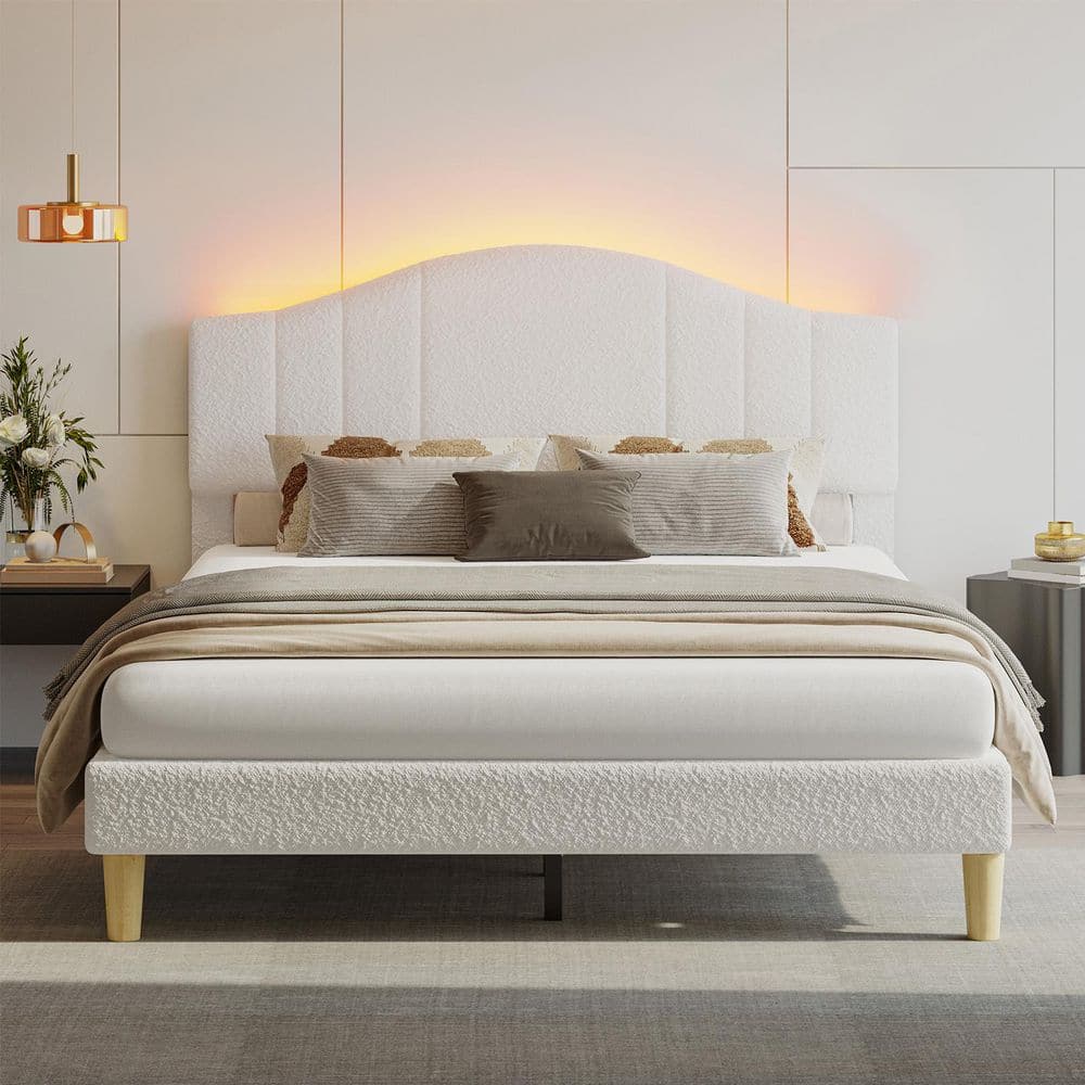 PINMOCO White Wood Frame Queen Upholstered Platform Bed Scalloped Bed ...