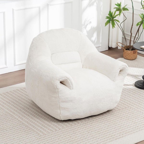 White Faux Fur Medium Bean Bag Chair, Bean Bag Sofa with Back Support ...