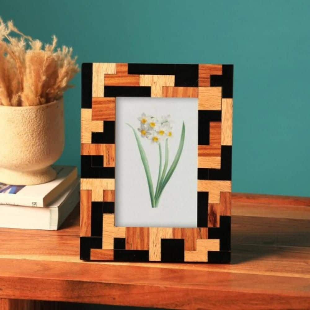 4 in. W x 6 in. H Black Resin with Sheesham & Mango Wood Photo Frame ...