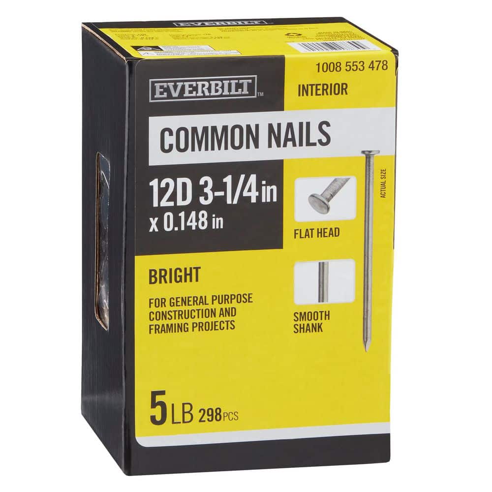 Everbilt 3-1/4 in. x 12D Bright Common Nails 5 lbs. (298-Count ...