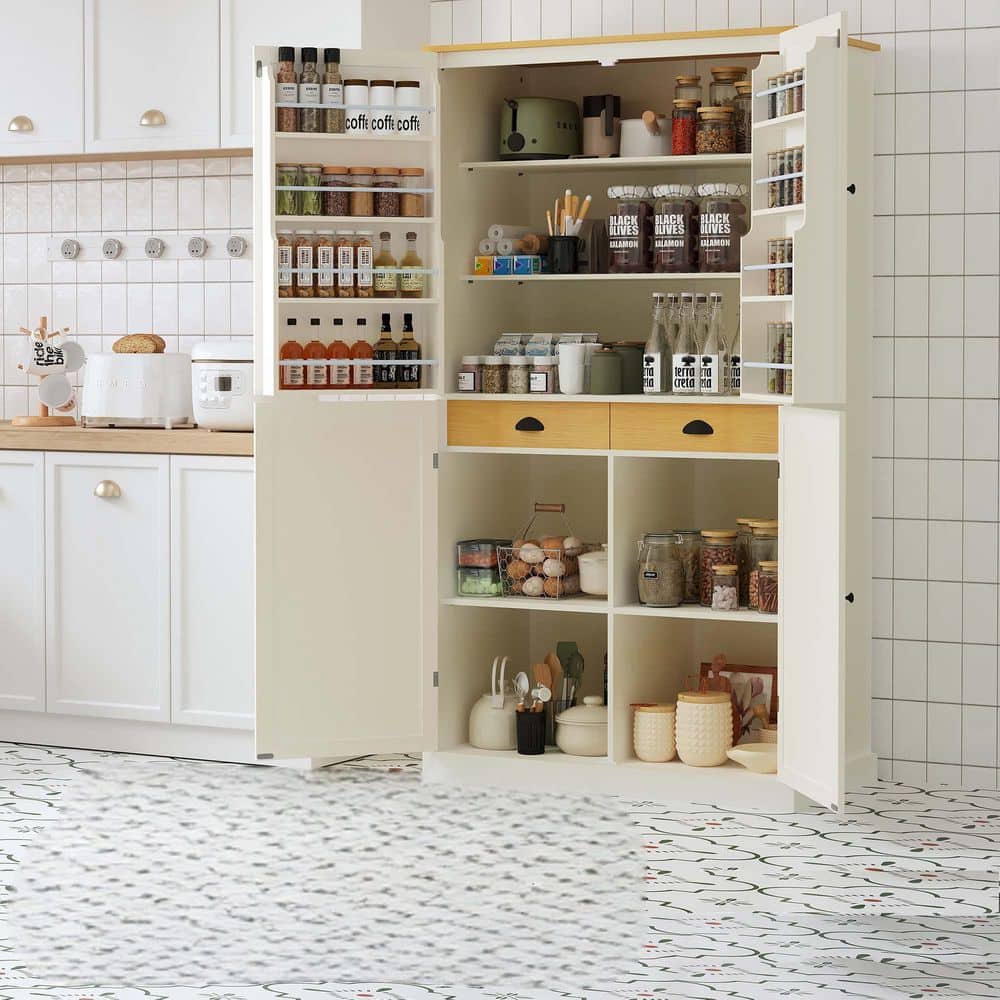 Freestanding Cream Kitchen Pantry Organizer with Adjustable Shelves, 2 ...