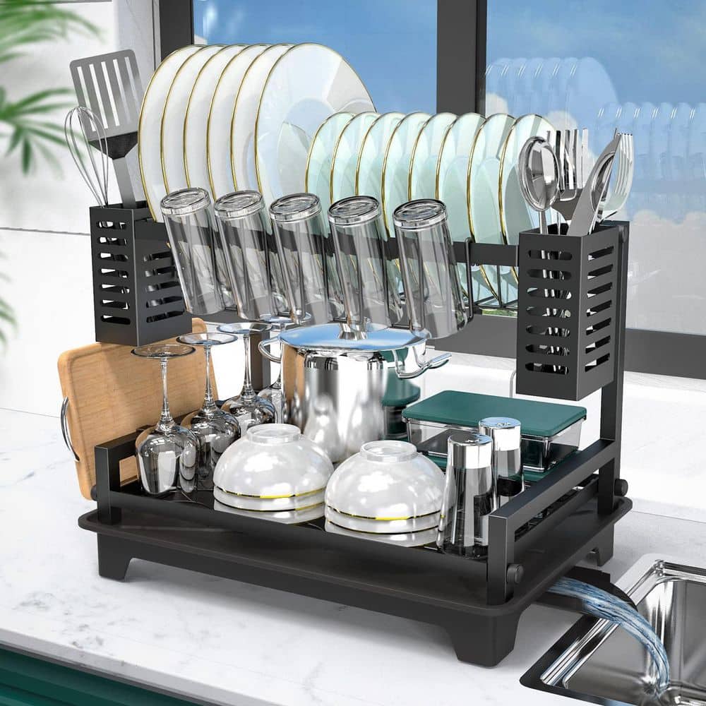 Wudkey 2-Tier Stainless Steel Dish Racks with Drainboard and Utensil ...