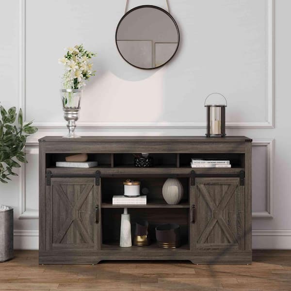 anpport 58 in. Farmhouse Double-Door 3-Layer Dark Gray TV Stand Fits ...