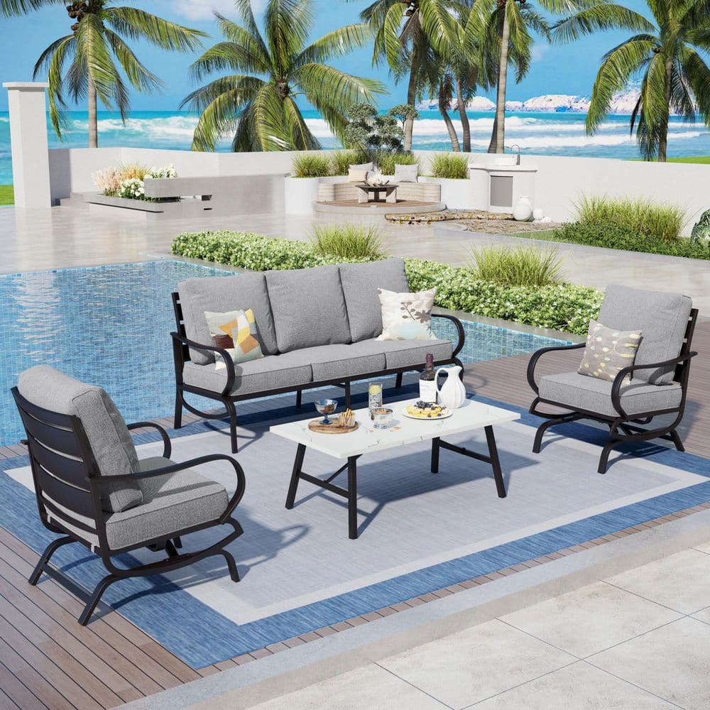 PHI VILLA Metal 5 Seat 4-Piece Steel Outdoor Patio Conversation Set ...