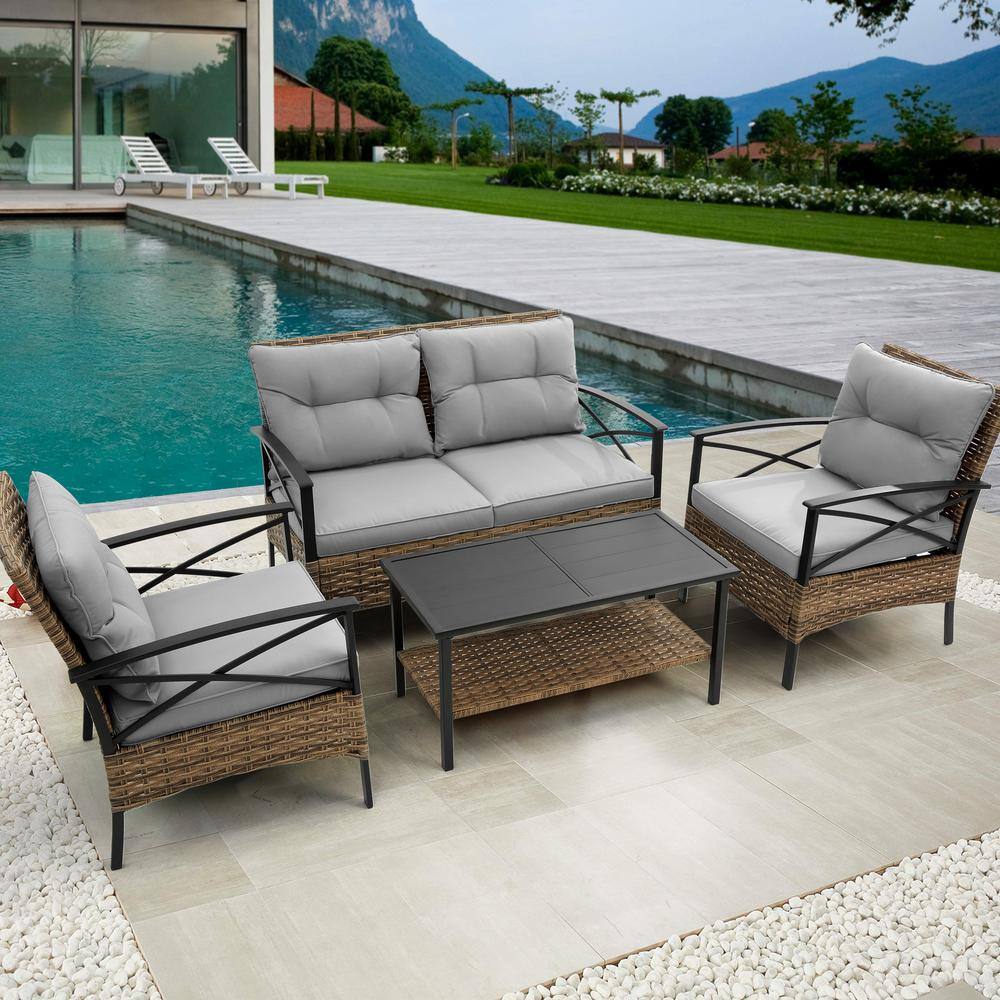 Cesicia Brown 4-Piece Wicker Patio Conversation Set with Grey Cushions ...