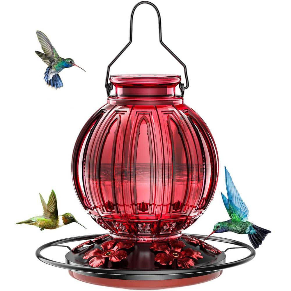 OGETFUUR 26 oz. Red Glass Hummingbird Feeder, Bird Nectar Feeder with Perch and 5 Flower Feeding ...