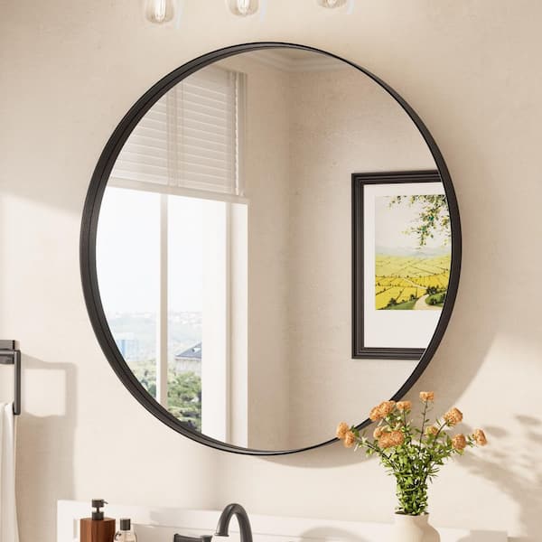 Reviews for KeonJinn 36 in. W x 36 in. H Round Mirror Framed Black ...