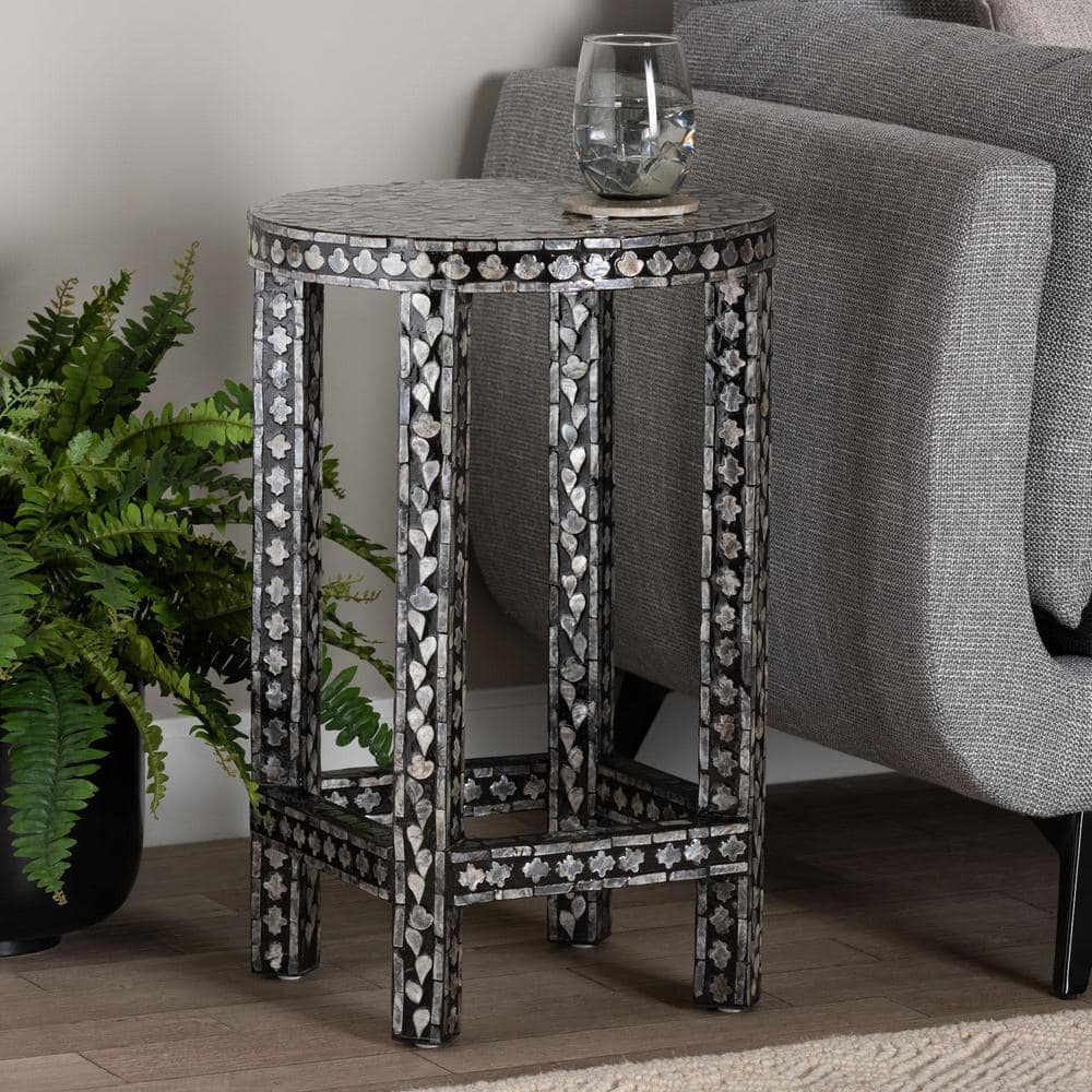 bali & pari Elara 15.8 in. Mosaic Black and White Round Capiz End Table ...