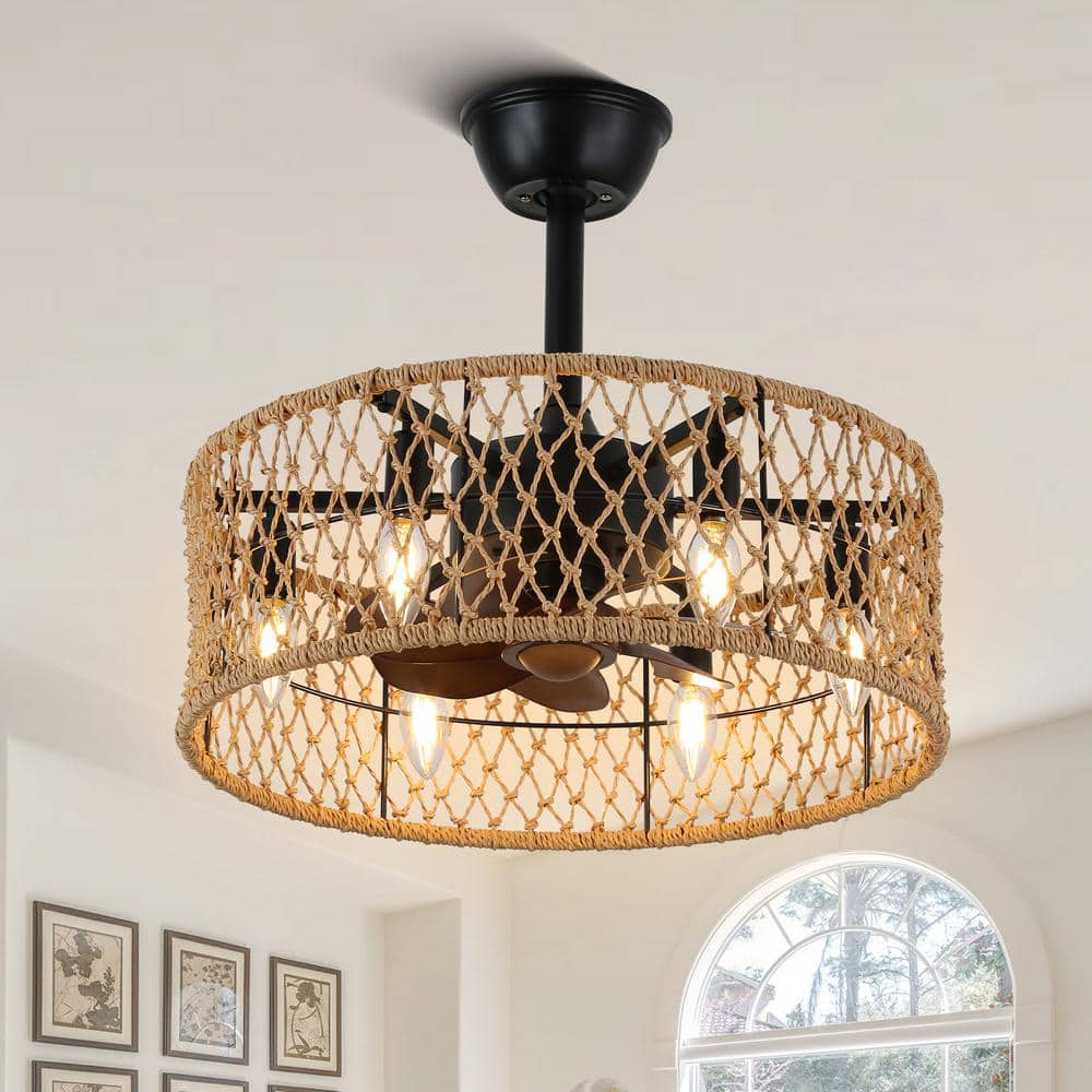 Oaks Aura Banff 18in. Indoor Brown Boho Rattan Hemp Rope Ceiling Fan ...
