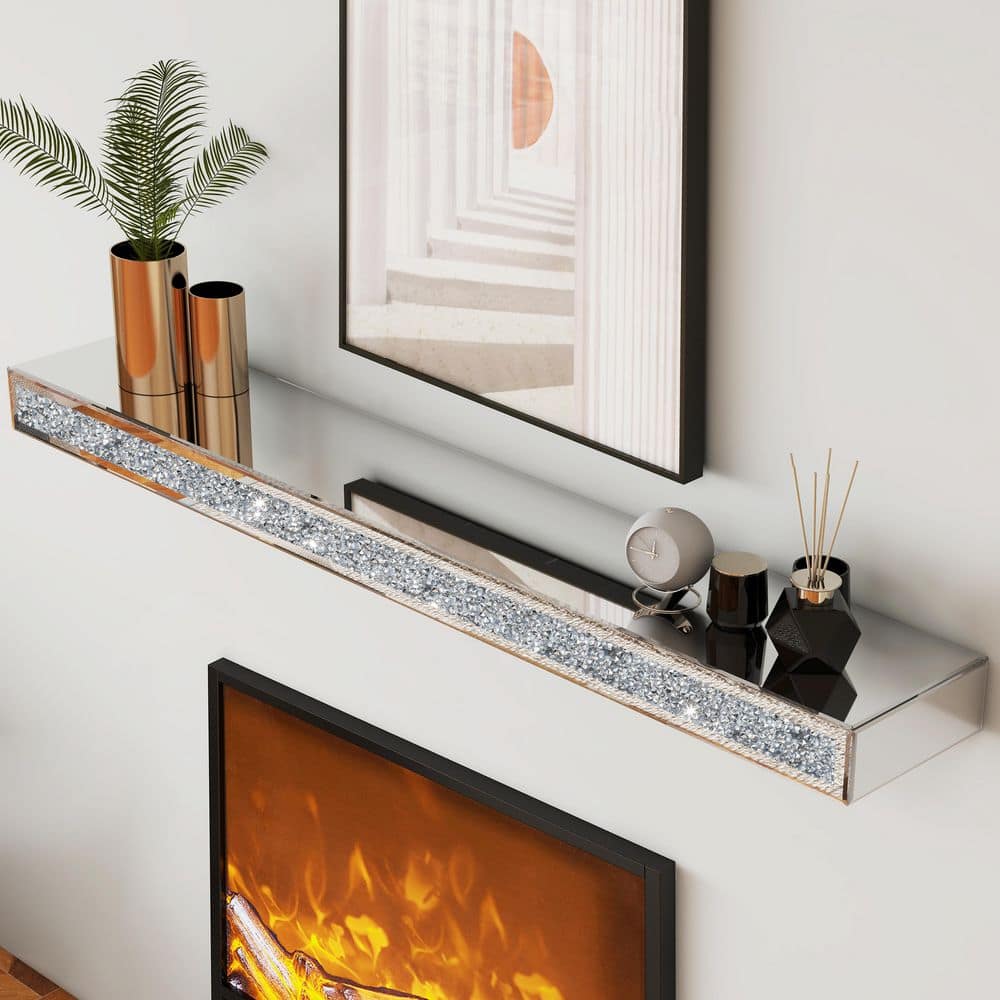 THKSHOUZ 8 in. W x 48 in. D Silver Glass Floating Fireplace Mantel for Fireplace Diamond TV ...